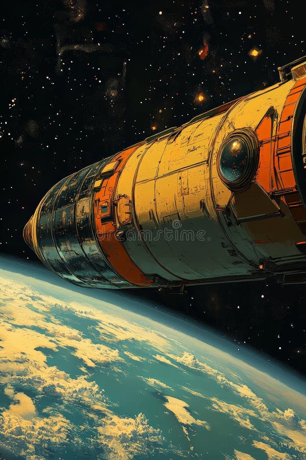 Rocket Orbiting Planet with Detailed Surface and Starry Background in ...