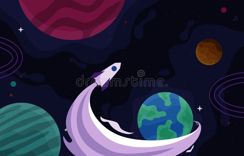 Rocket Outer Space Craft Planet Stars Adventure Illustration Stock ...