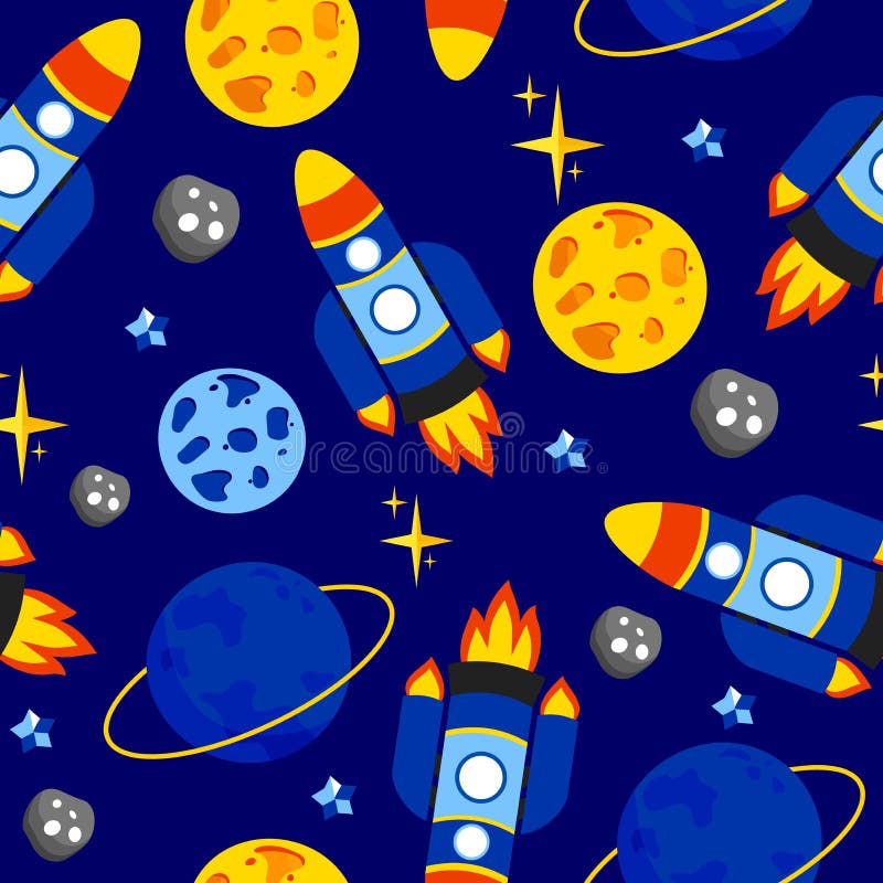 Rocket Pattern with a Planet Stars and Asteroids on a Dark Blue ...
