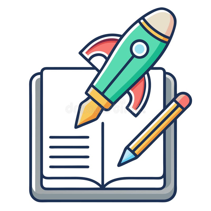Rocket Pen and Pencil beside Book Icon; Educational Innovation Concept ...