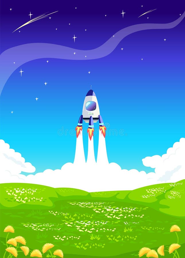 The Rocket Takes Off from the Surface of the Green Planet Stock Vector ...