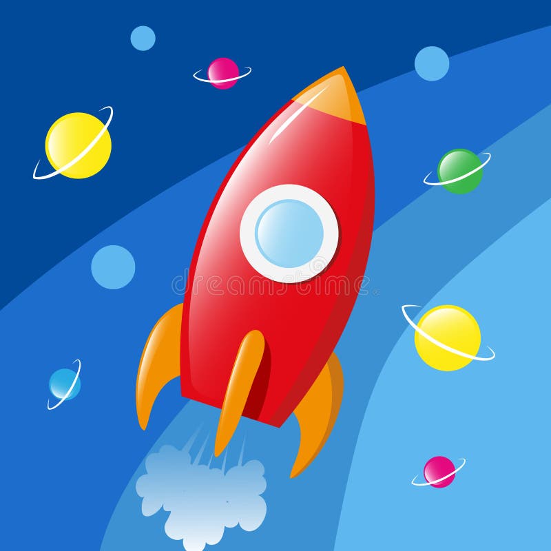 Rocket, Planets, Stars in Space, Red, Blue, Yellow. Vector Illustration ...