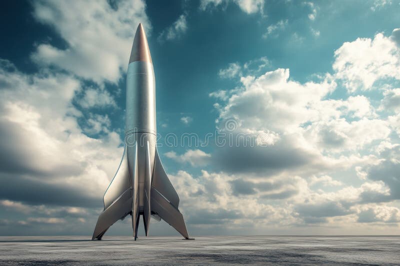 Rocket Poised for Launch Against a Dramatic Cloudy Sky at a Futuristic ...