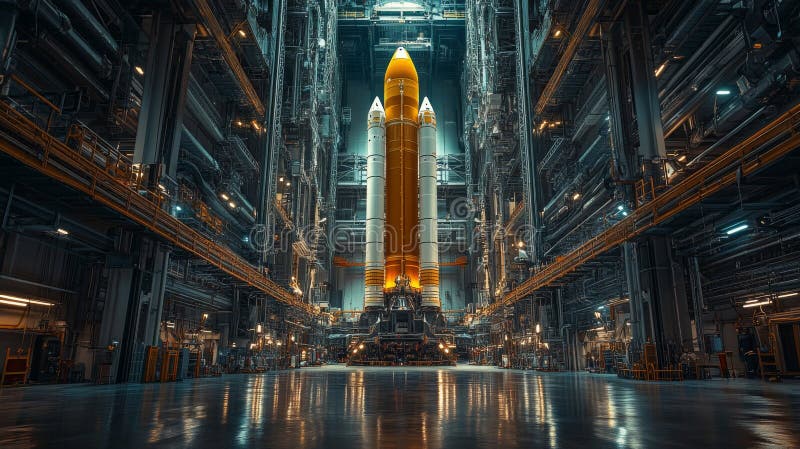 Rocket Poised for Launch in a High Tech Aerospace Facility Highlighting ...