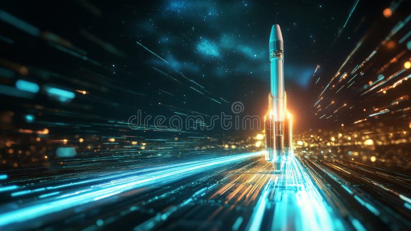 A Rocket Poised for Launch Illuminated by Vibrant Lights in a ...