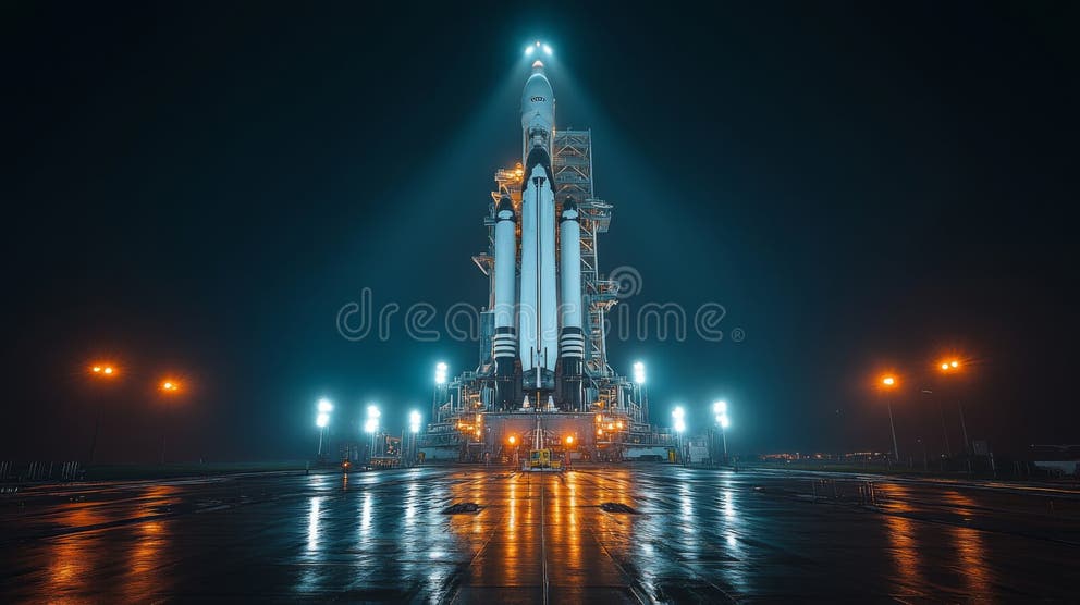 Rocket Poised for Launch at Night Featuring Advanced Propulsion Systems ...