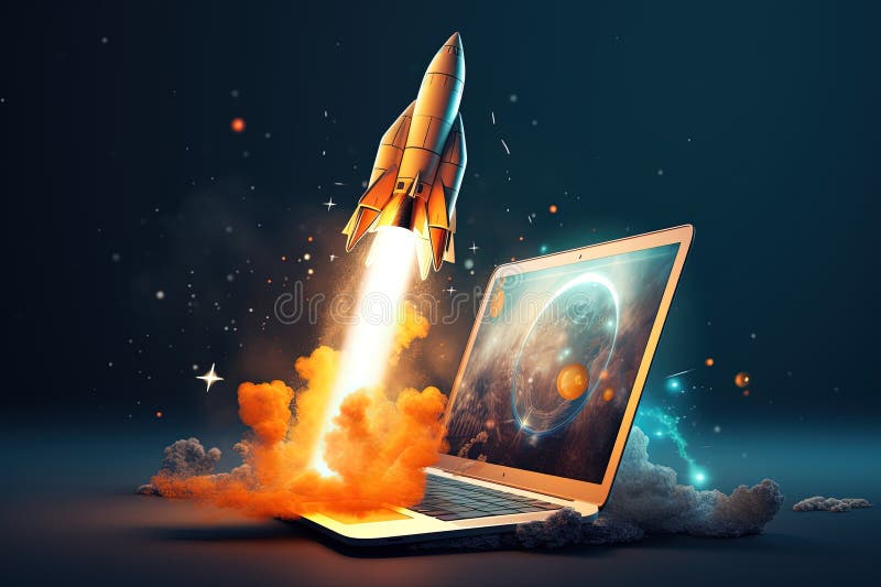 Rocket Popping Out of Laptop. Generative AI Stock Illustration ...