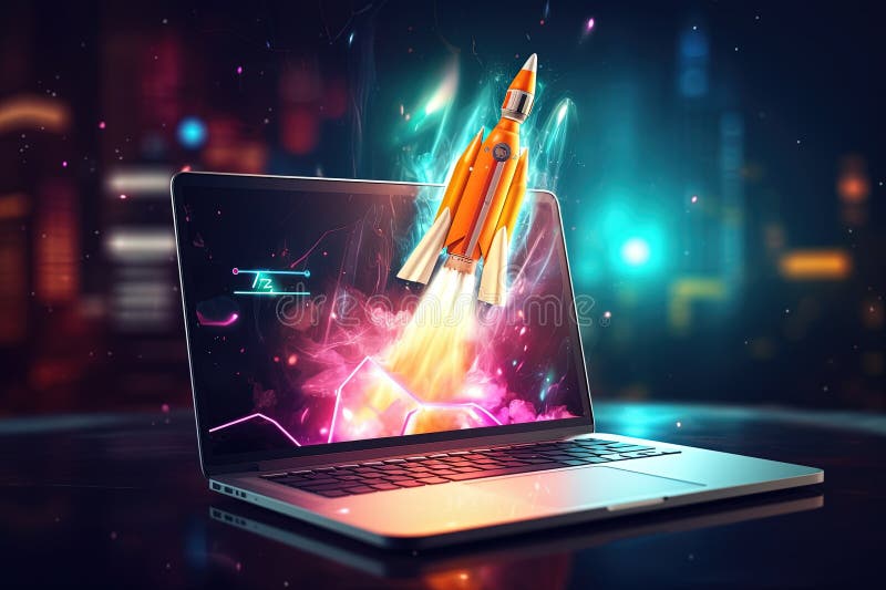 Rocket Popping Out of Laptop. Generative AI Stock Illustration ...