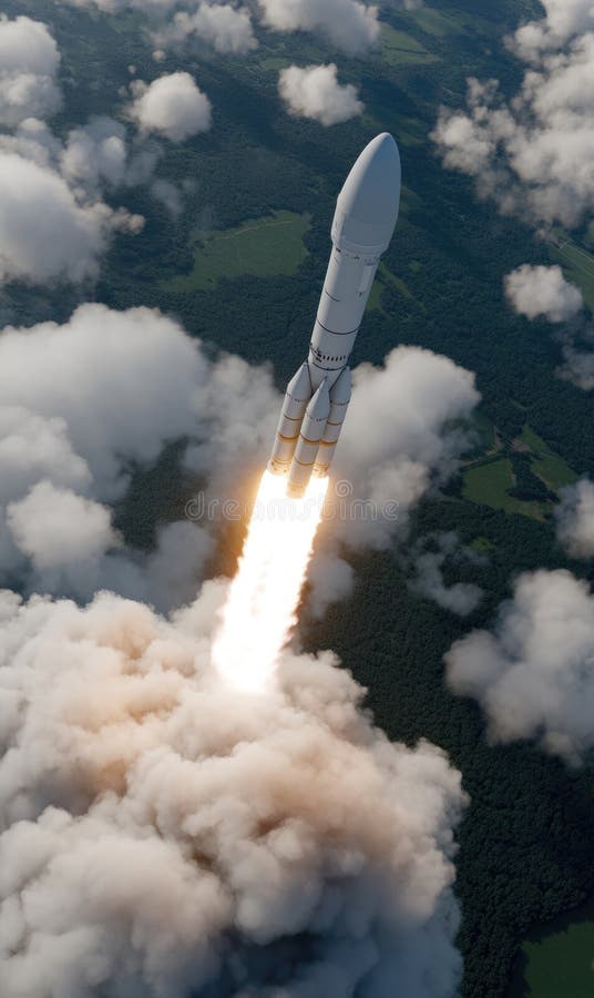 A Rocket Powers Its Ascent into the Sky, Breaking through Thick Clouds ...