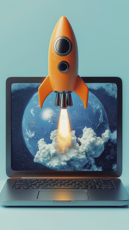 Rocket Propelling To Space from Laptop Output Stock Illustration ...