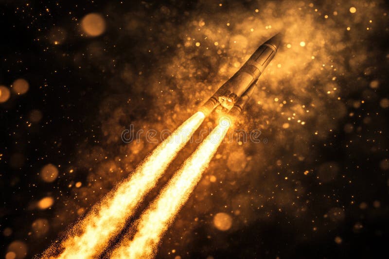 A Rocket Propels through the Air with Smoke and Flames Trailing Behind ...