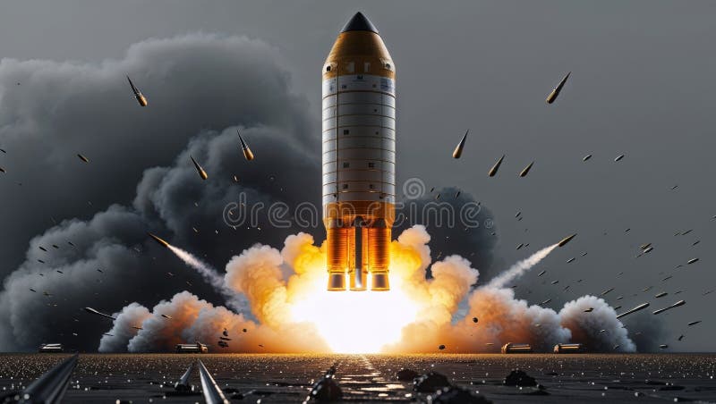 Rocket Propulsion with Flaming Exhaust and Metal Projectiles. Stock ...