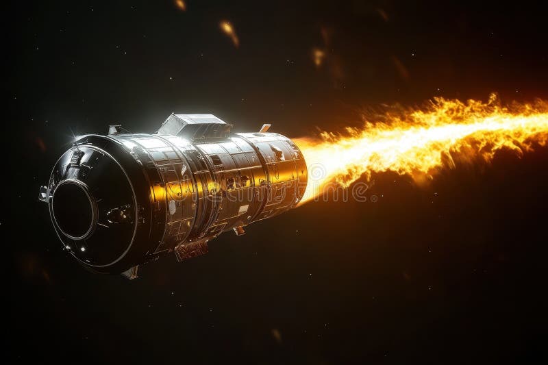 Rocket Propulsion in Outer Space with Fiery Exhaust Highlighted Against ...
