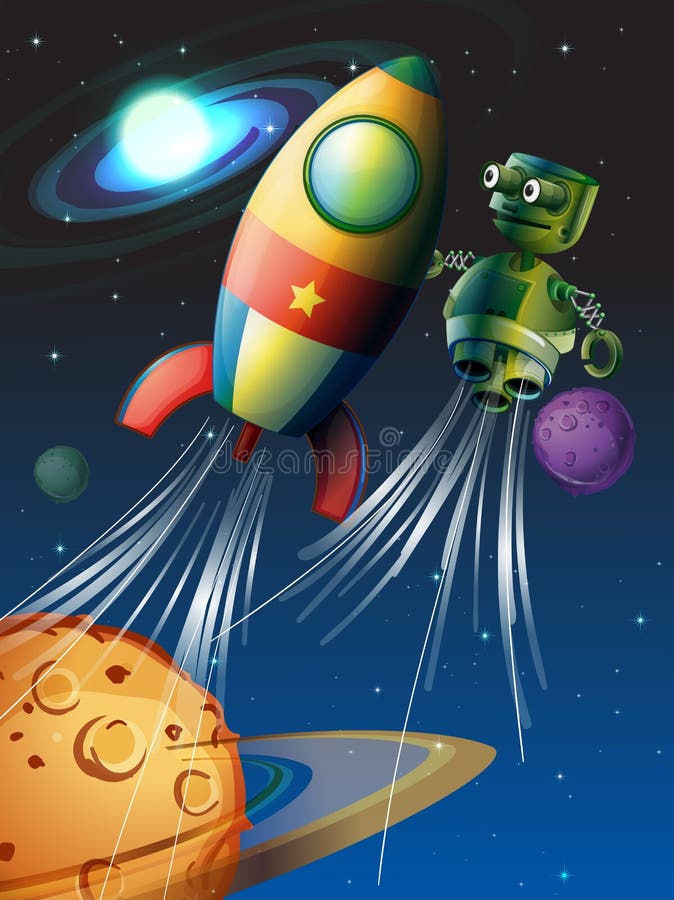 Rocket and Robot Flying in the Space Stock Vector - Illustration of ...
