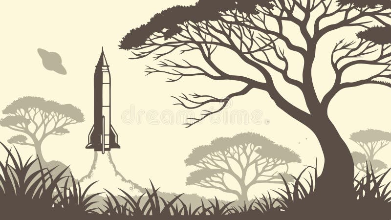 Rocket in Savanna with Lone Tree, Remote Space Launch, Vector Design ...