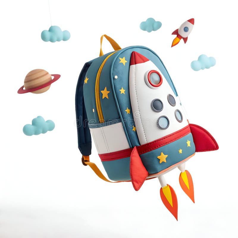 Rocket School Backpack Flying 3D Cartoon Style Stock Illustration ...