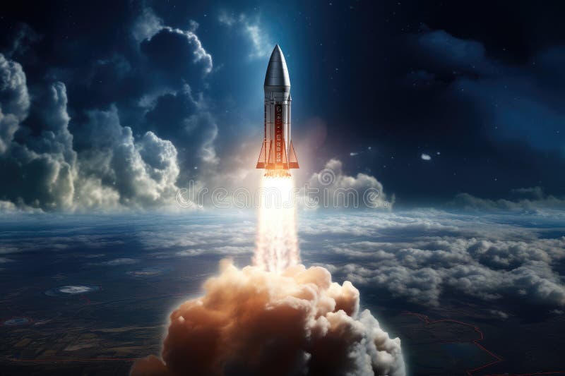 A Rocket is Seen Launching Up through Thick White Clouds, Against a ...