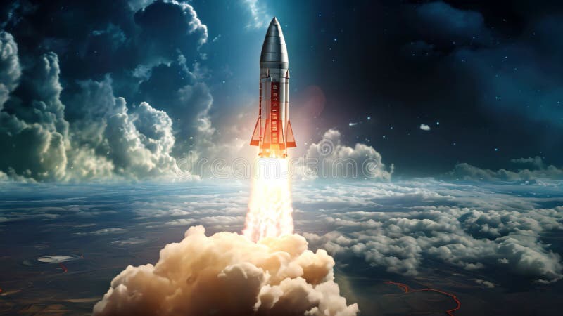 A Rocket is Seen Launching Up through Thick White Clouds, Against a ...