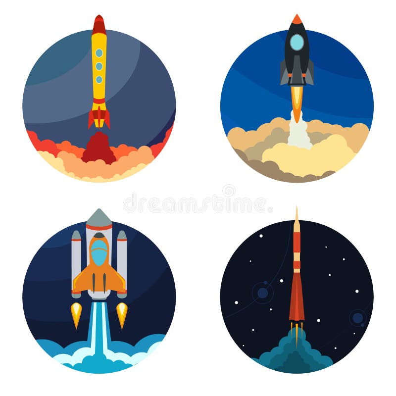 Set of Four Illustrations with Space Rocket Ship Launch Stock Vector ...