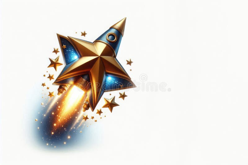 A Rocket in the Shape of a Golden Star with Fire Trails. Space for Text ...
