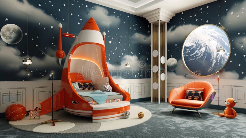 Rocket Shaped Bed in a Space Themed Room Stock Illustration ...