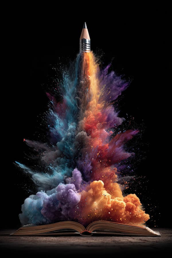 Rocket-shaped Pencil Launching Vibrant Colors from an Open Book in a ...