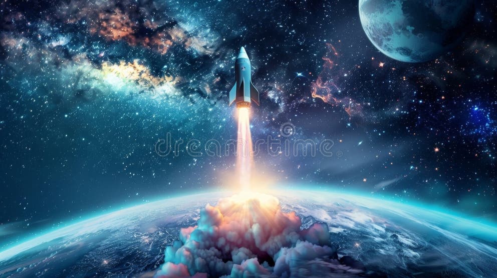 A Rocket Ship Blasting Off into Space Depicting the Instantaneous ...