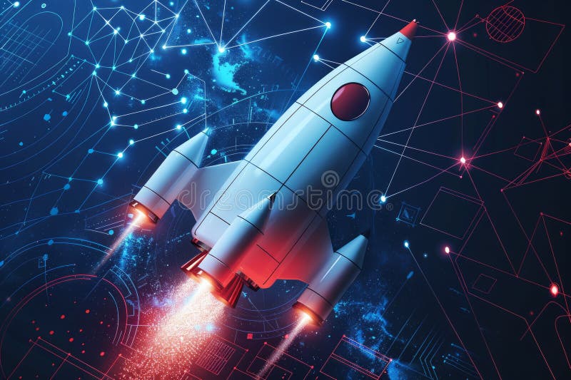 Futuristic Rocket Launching into Space with Neon Network Connections in ...