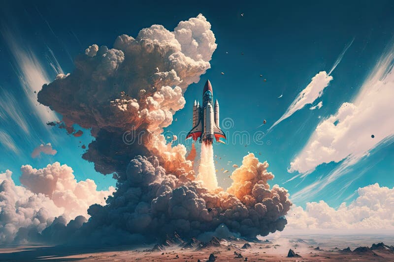Rocket Ship Breaking the Atmosphere, with View of Blue Sky and Clouds ...