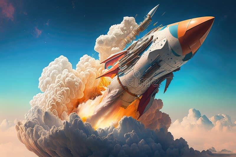 Rocket Ship Breaking the Atmosphere, with View of Blue Sky and Clouds ...