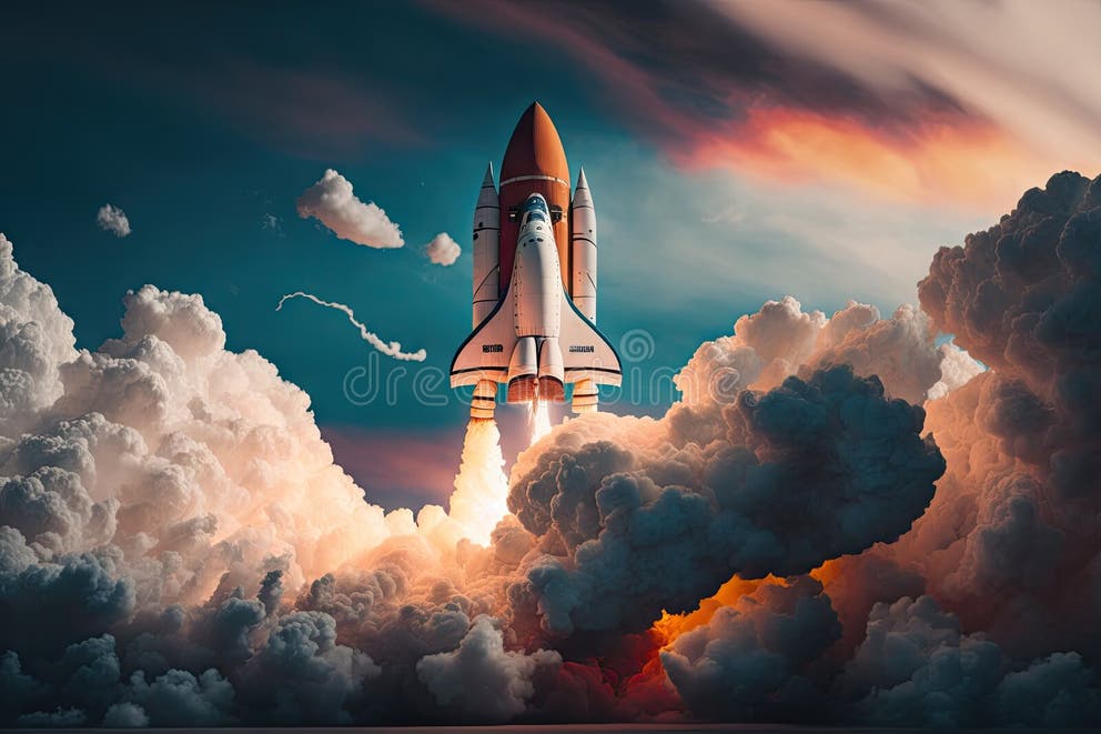 Rocket Ship Breaking the Atmosphere, with View of Blue Sky and Clouds Visible Stock Illustration ...