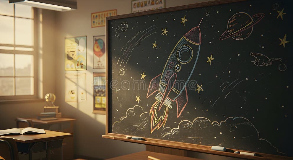 Rocket Ship Chalk Drawing on Blackboard in a Classroom Setting Stock ...