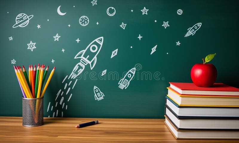 Rocket Ship Drawing Chalkboard Background School Supplies Stock ...