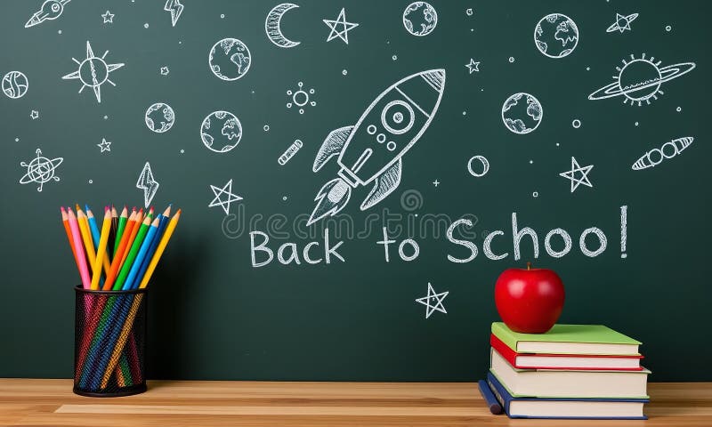 Rocket Ship Drawing Chalkboard Background School Supplies Stock ...