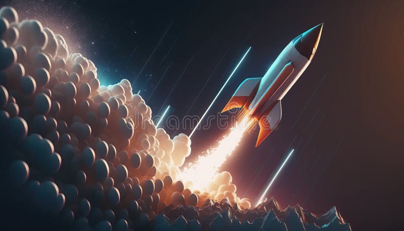 Illustration of a Rocket Ship Blasting Off into Space from Clouds ...