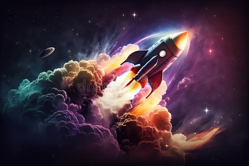 A Rocket Ship, Flying through the Stars and Nebulae in Outer Space ...