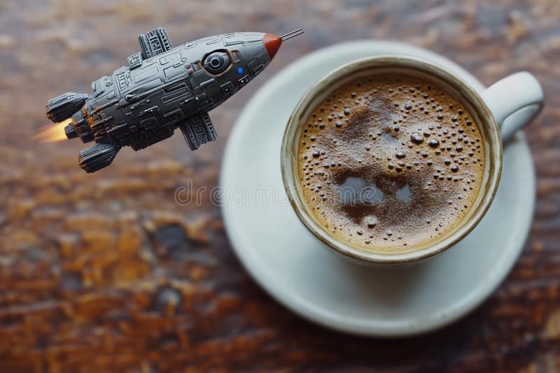 Rocket Ship Hovers Above Coffee Cup in a Creative Depiction of ...