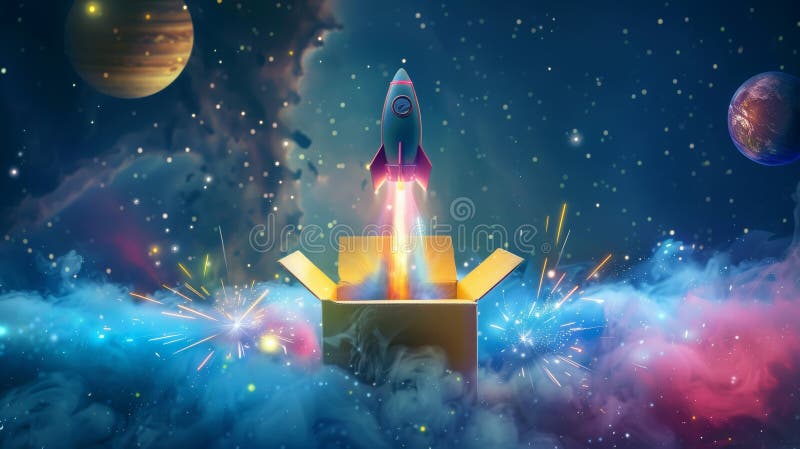Rocket Ship Launching from a Box in Outer Space, Imaginative Concept ...