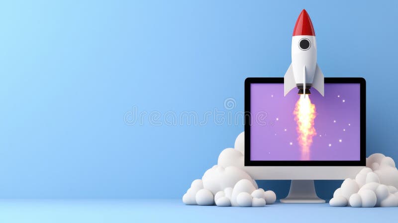 Rocket Ship Launching from a Computer Copy into the Clouds, Symbolizing ...