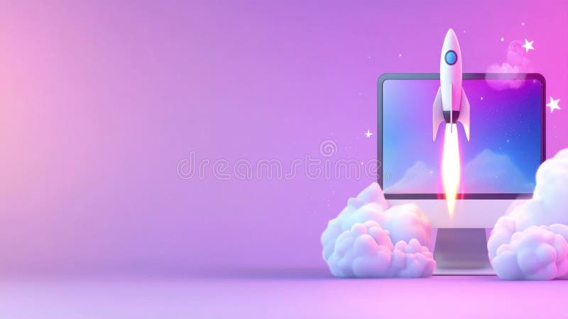 Rocket Ship Launching from a Clouds, Monitor into the Computer ...
