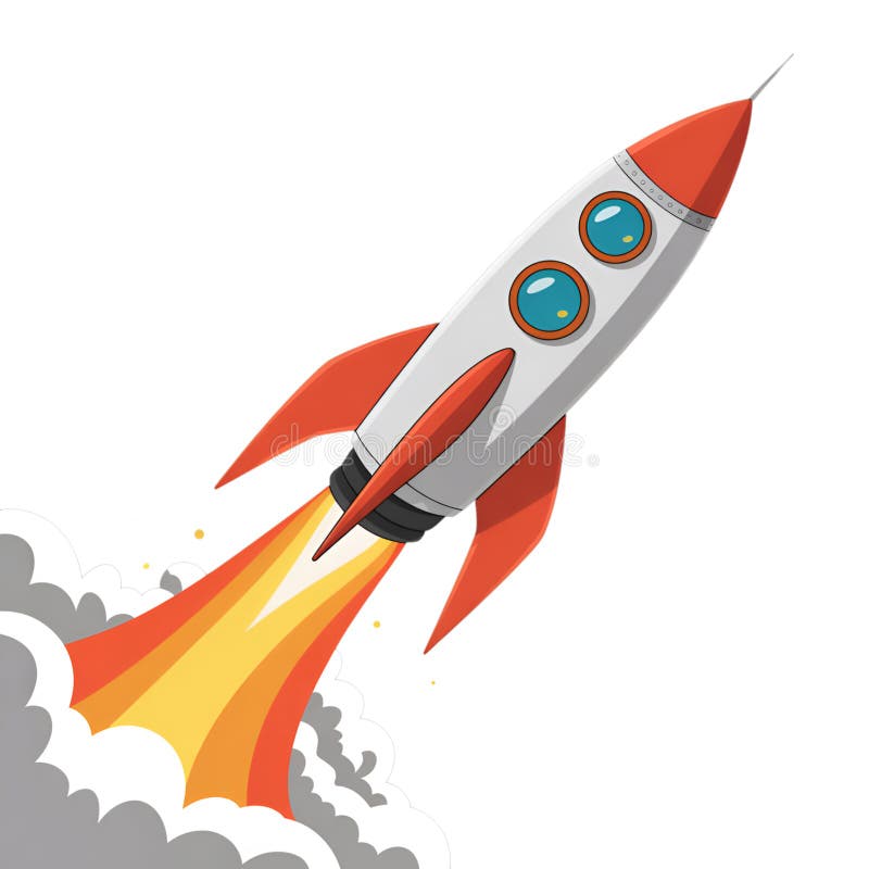Rocket Launch Illustration with Flames and Smoke on a White Background ...