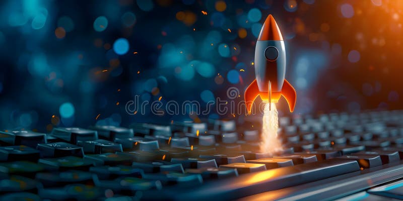 Rocket Ship Launching Off Keyboard Symbolizes Innovation in the Tech ...