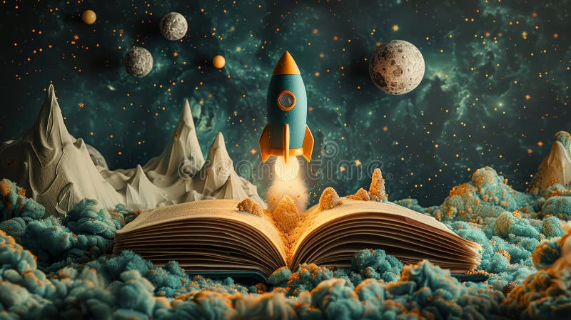 Rocket Ship Launching from an Open Book in a Fantasy Space Landscape ...