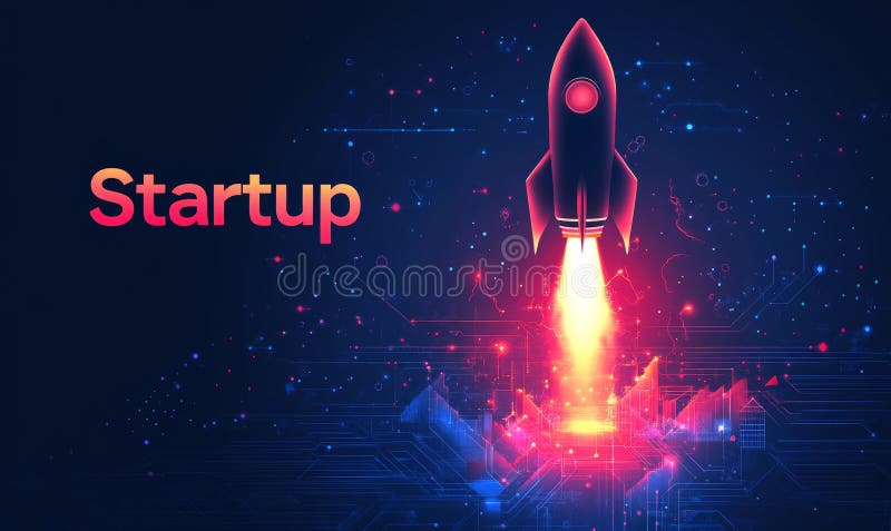 A Rocket Ship Launching into Space with the Word Startup Glowing Below ...