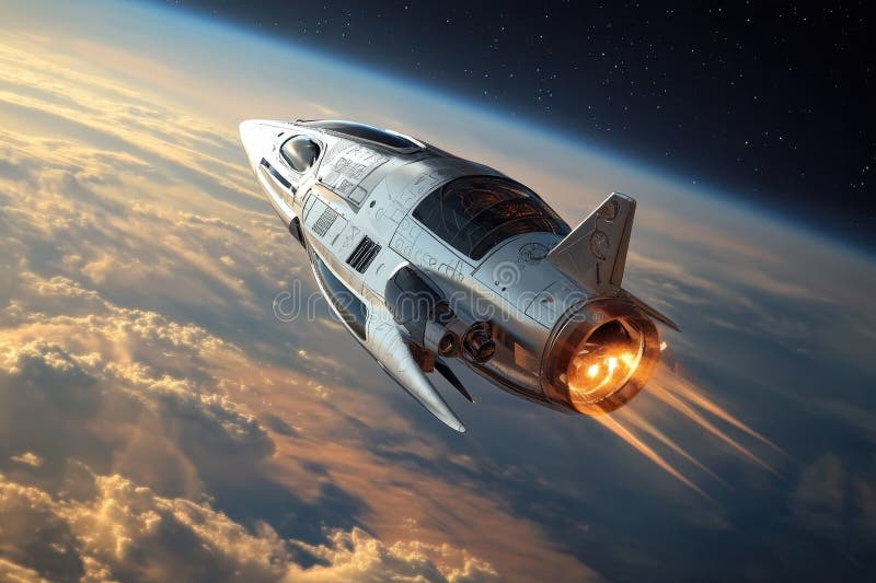 Rocket Ship Soaring through the Clouds in the Vastness of Space during ...
