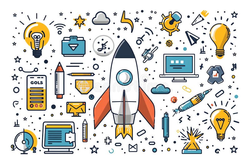 A Rocket Ship Surrounded by Various Business and Technology Icons ...