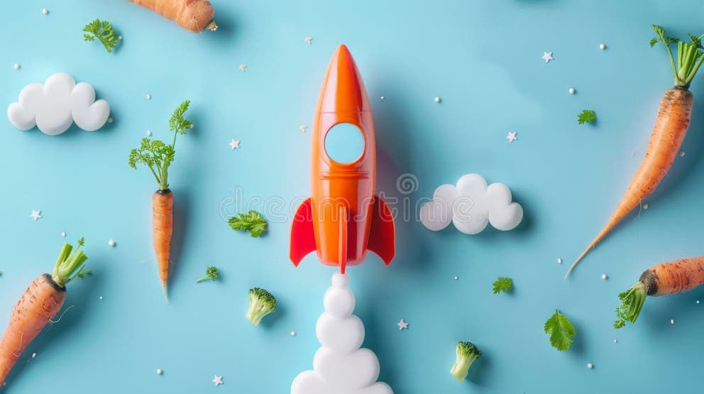 Rocket Ship Surrounded by Vegetables and Clouds on Blue Background ...