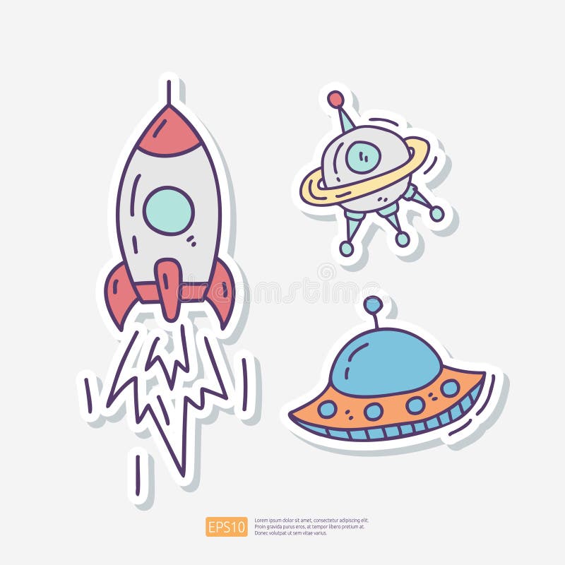 Rocket Ship Vector and UFO Space Ship Doodle Sticker Icon Set. Space ...