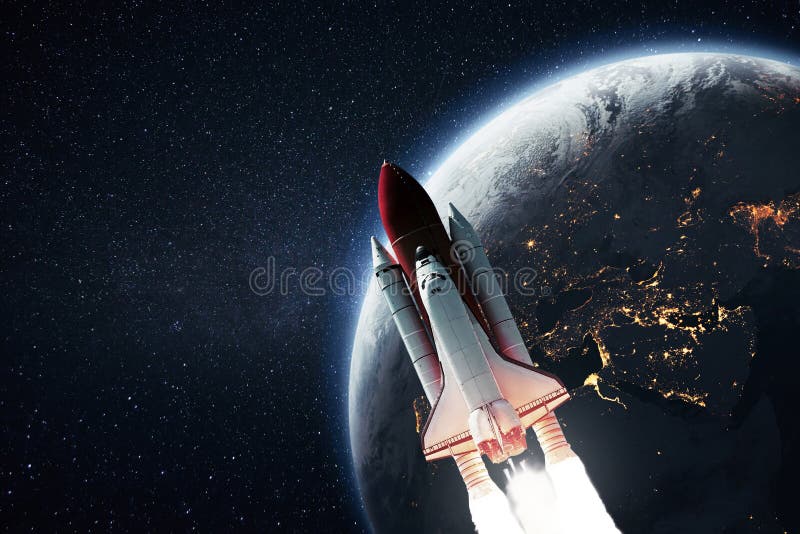Rocket Shuttle Takes Off from the Planet Earth into Starry Space ...