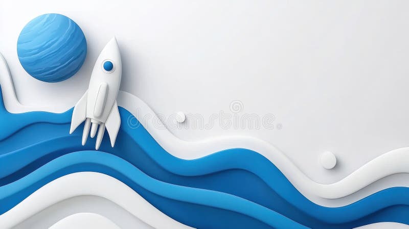 Rocket Soaring through Abstract Blue Waves and a Planet in a Minimalist ...